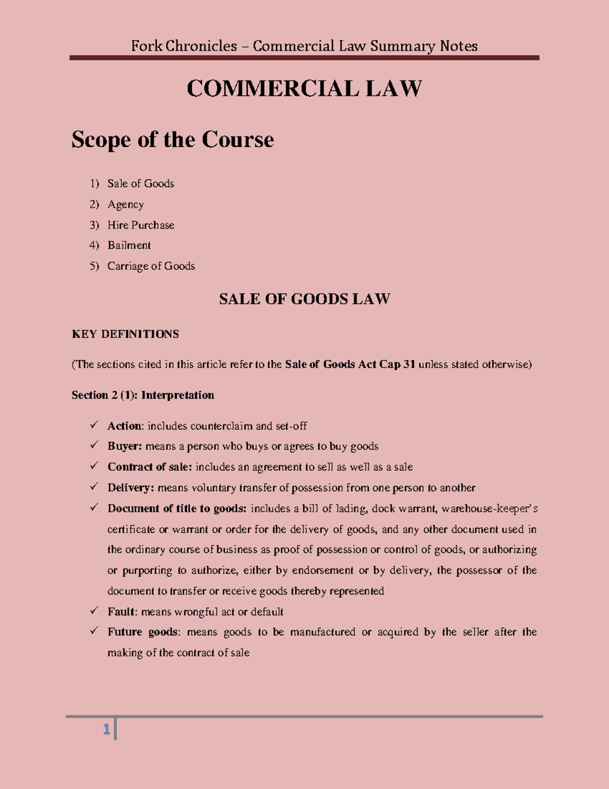 Commercial Law Notes: Sale of Goods Act Cap 31 Overview - Studocu