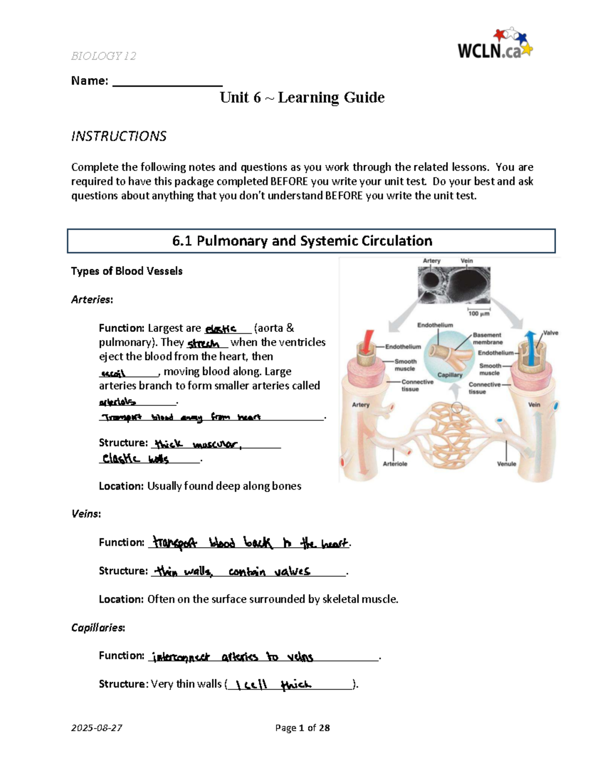 Biology 12: Unit 6 Learning Guide on Circulation & Blood Components ...