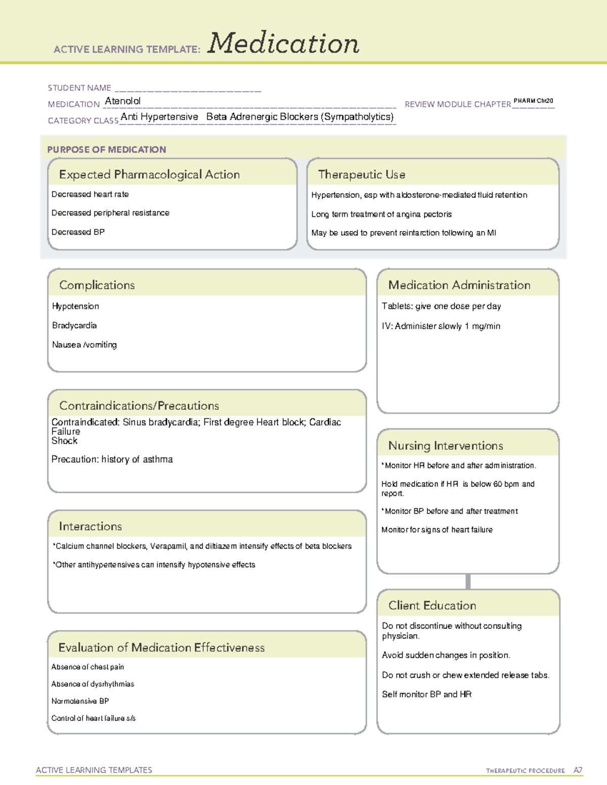 ACTIVE LEARNING TEMPLATE: Atenolol Review for Pharm Cht20 - Studocu