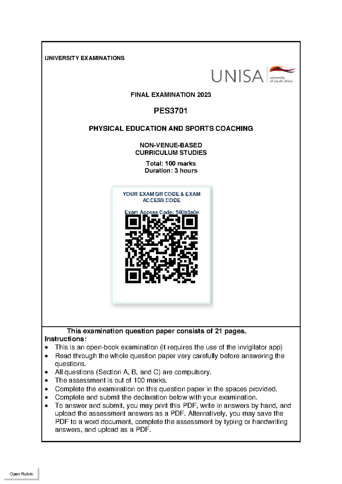 PES3701 Final Exam Question Paper - Physical Education & Sports ...