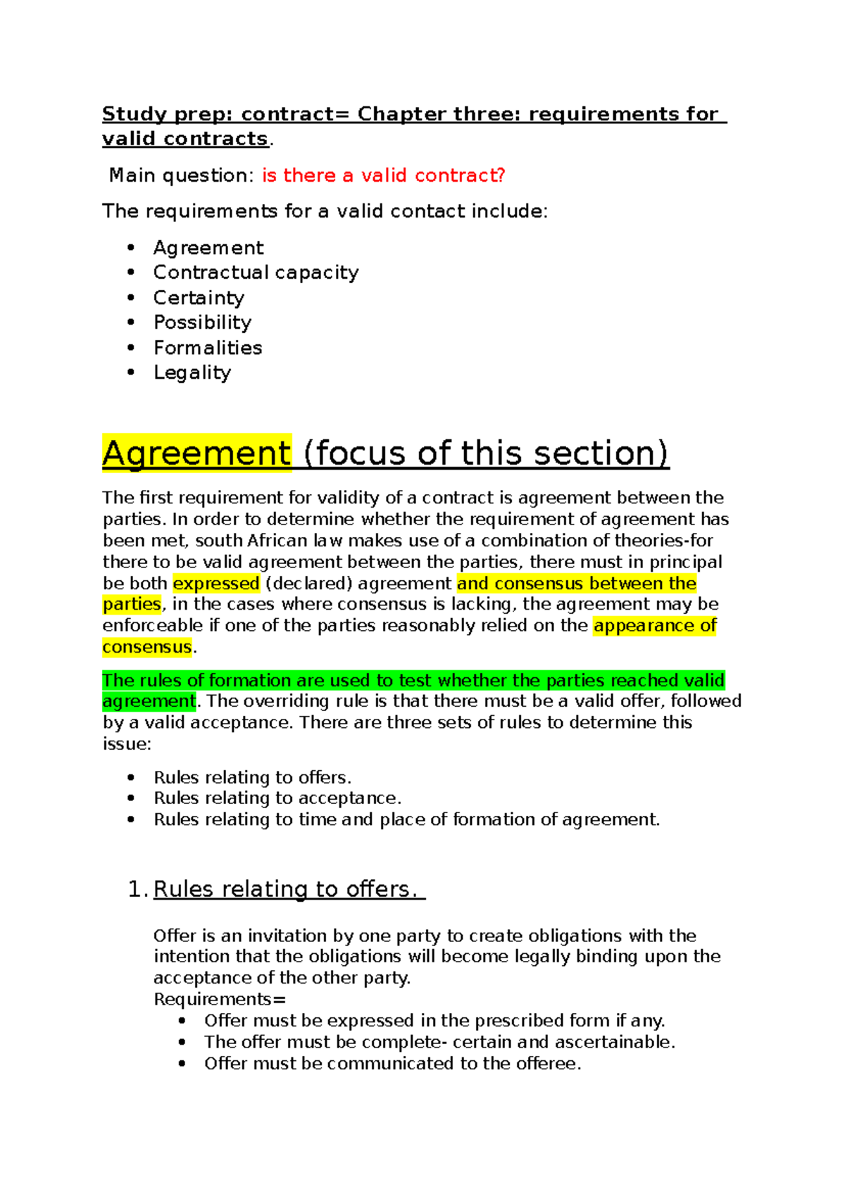 Study prep - notes on agreement - Study prep: contract= Chapter three ...