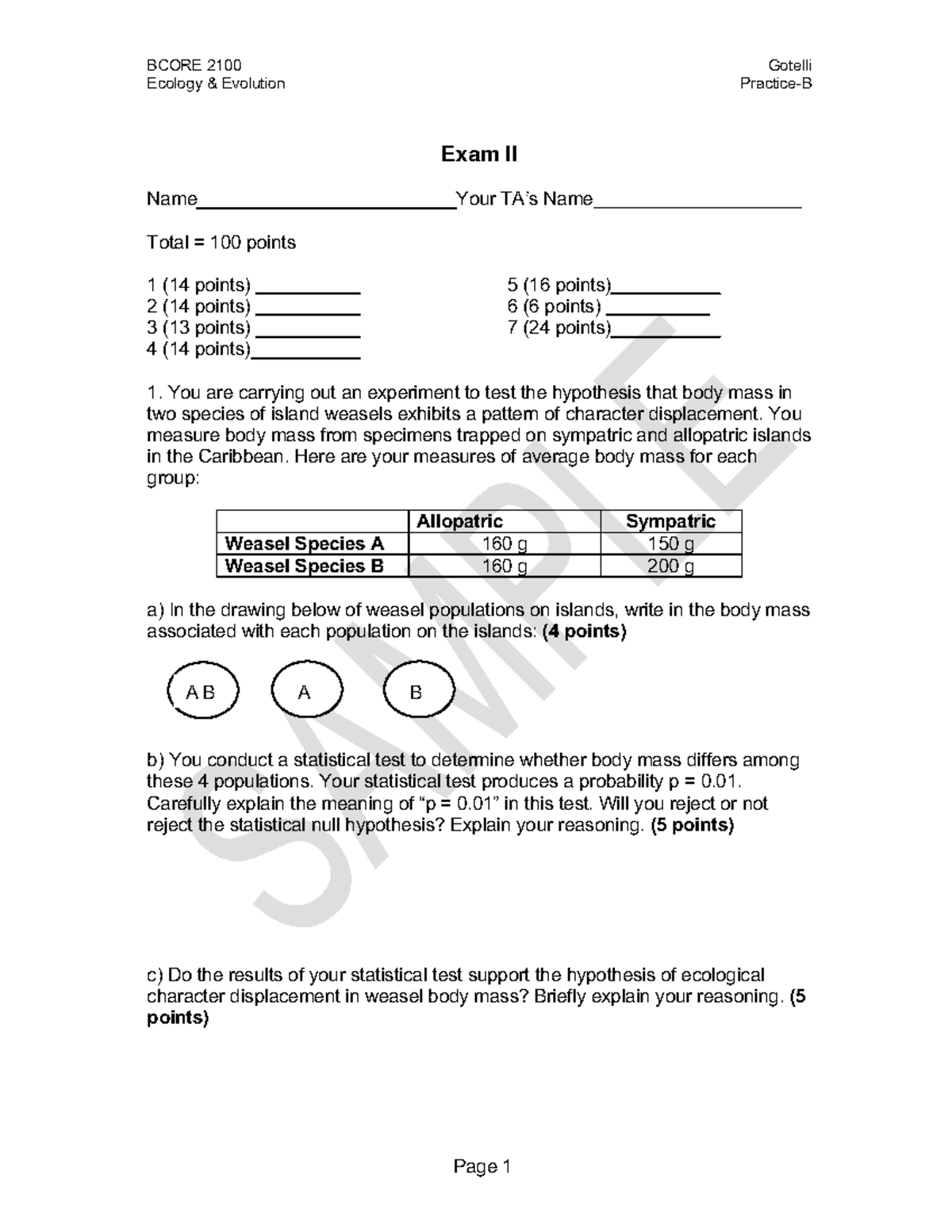 BCORE 2100 Ecology & Evolution Exam II Practice - Total 100 Points ...