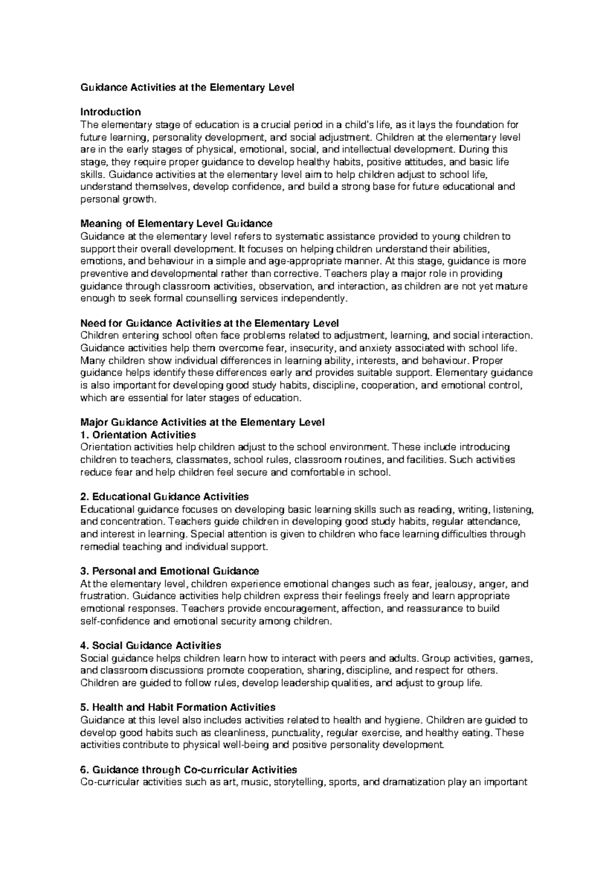 Short Note on Guidance Activities at Elementary Level (PGDGC) - Studocu