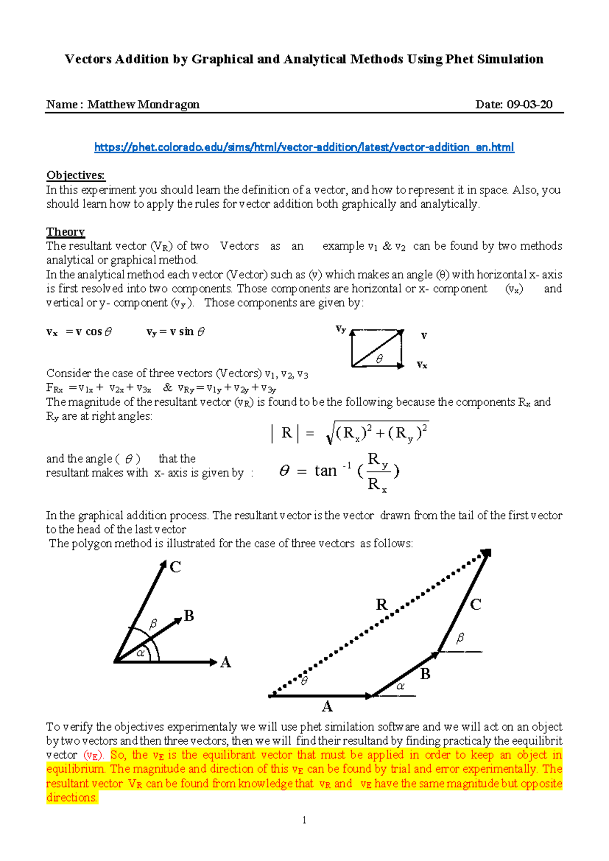 Vectors Addition by Graphical and Analytical Methods Using Phet Simulation - - Studocu