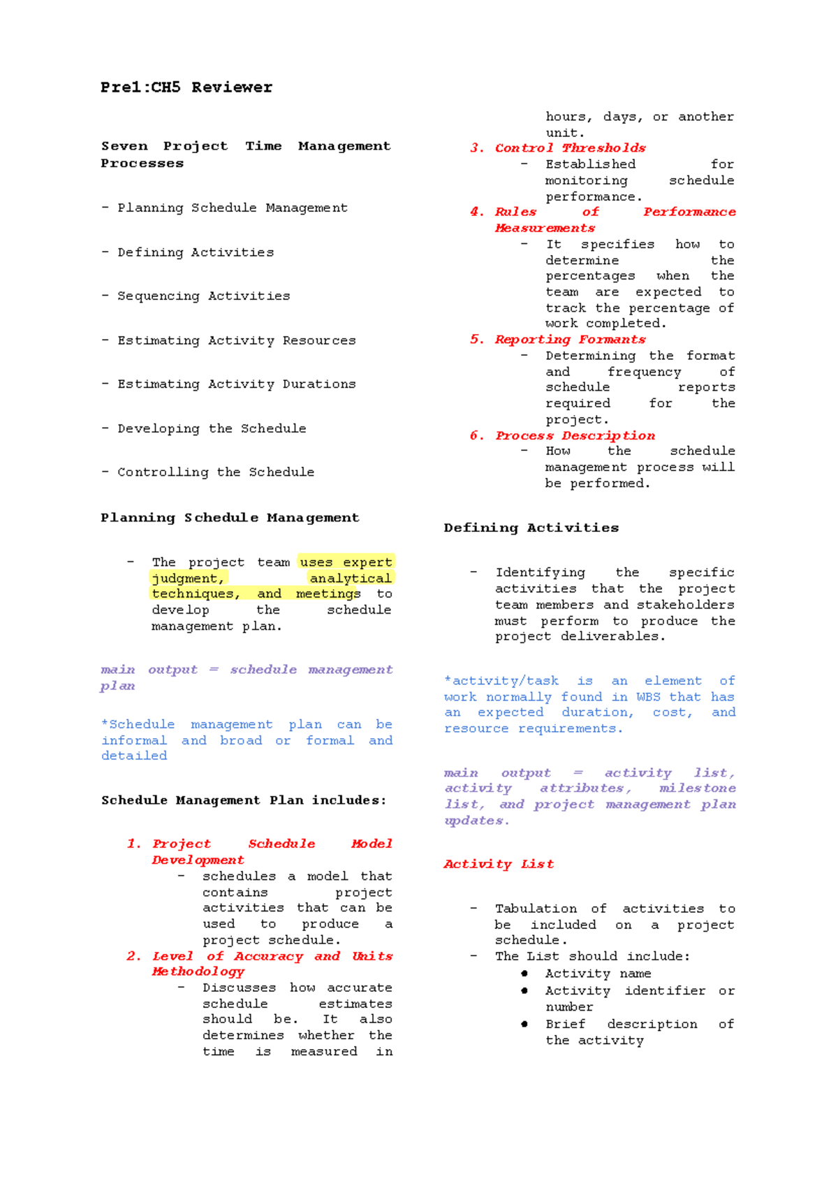 Pre-1 - Chapter 5 - Project Time Management Notes - Studocu
