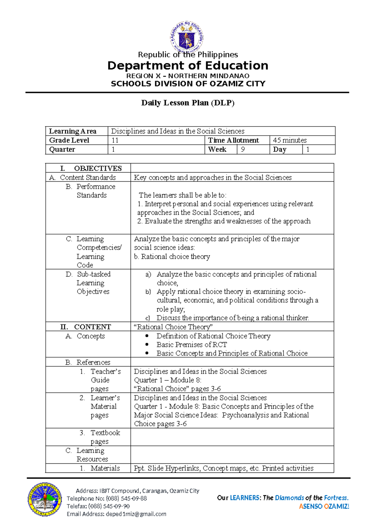DLP DISS - Lesson Plan on Rational Choice Theory for Social Sciences ...