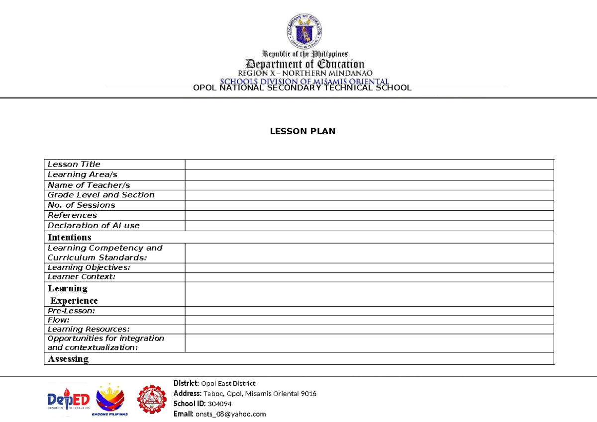 Lesson-plan new - lesson framework - District: Opol East District ...