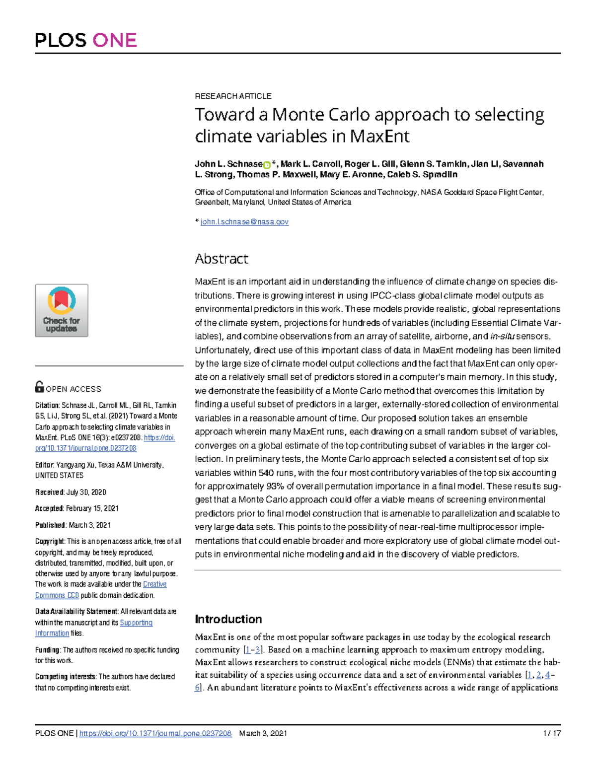 PLOS ONE RESEARCH ARTICLE: Monte Carlo Method for Climate Variable ...