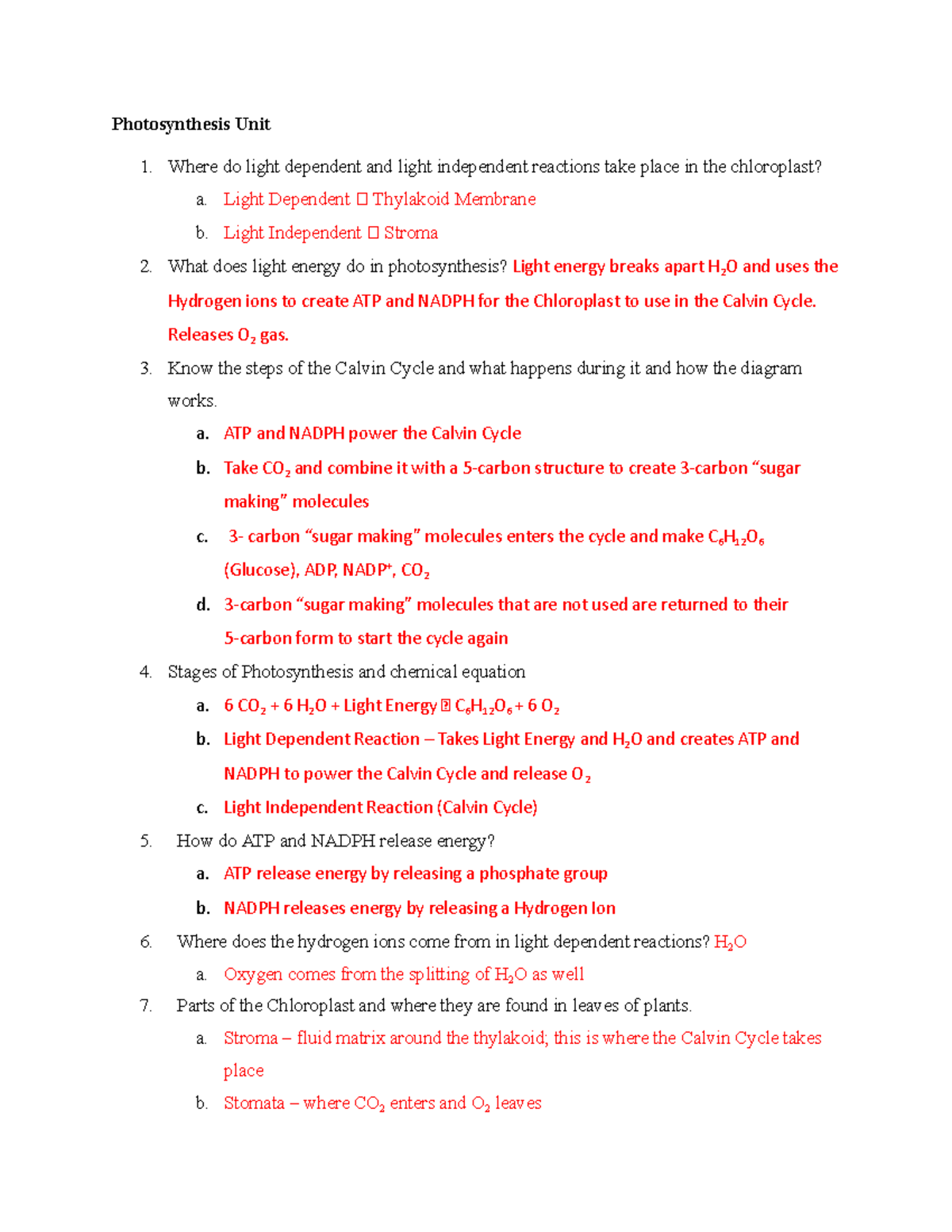 Biology Midterm Review (Units 5-6): Photosynthesis & Cellular ...