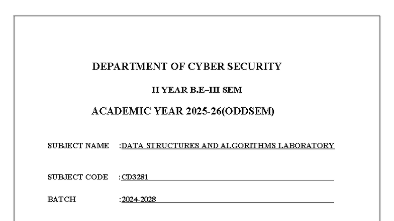 CD3281 Data Structures & Algorithms Lab Manual - Studocu
