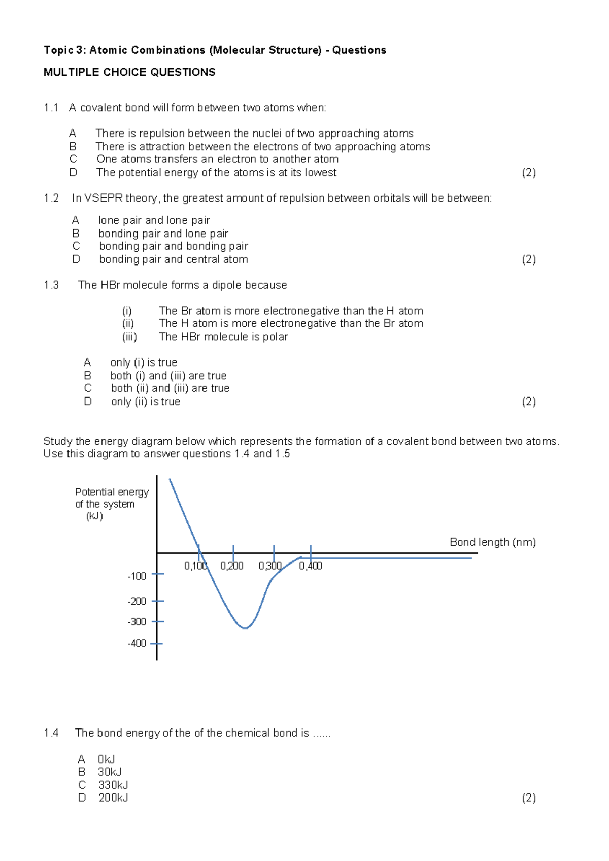 Grade 11 Chemistry Topic 3 Assessment Questions & Answers - Studocu