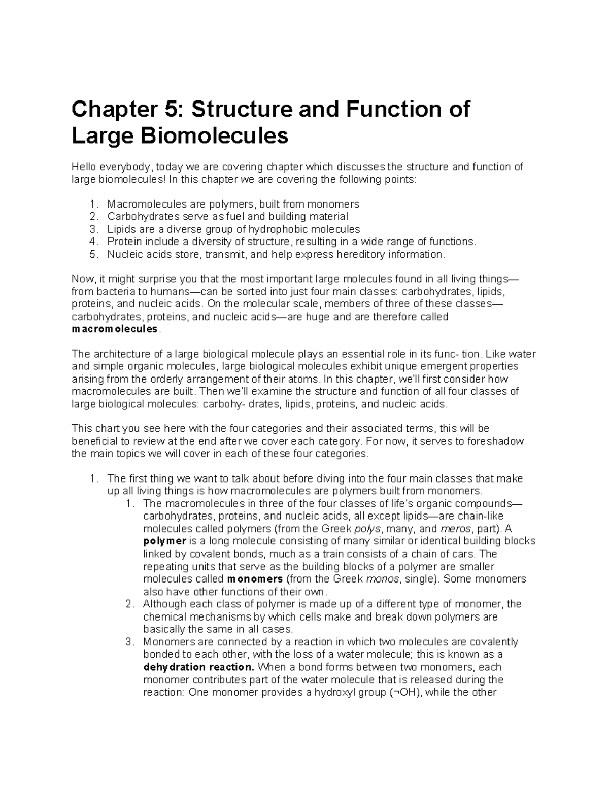 Chapter 5: Structure and Function of Large Biomolecules in Biology 101 ...