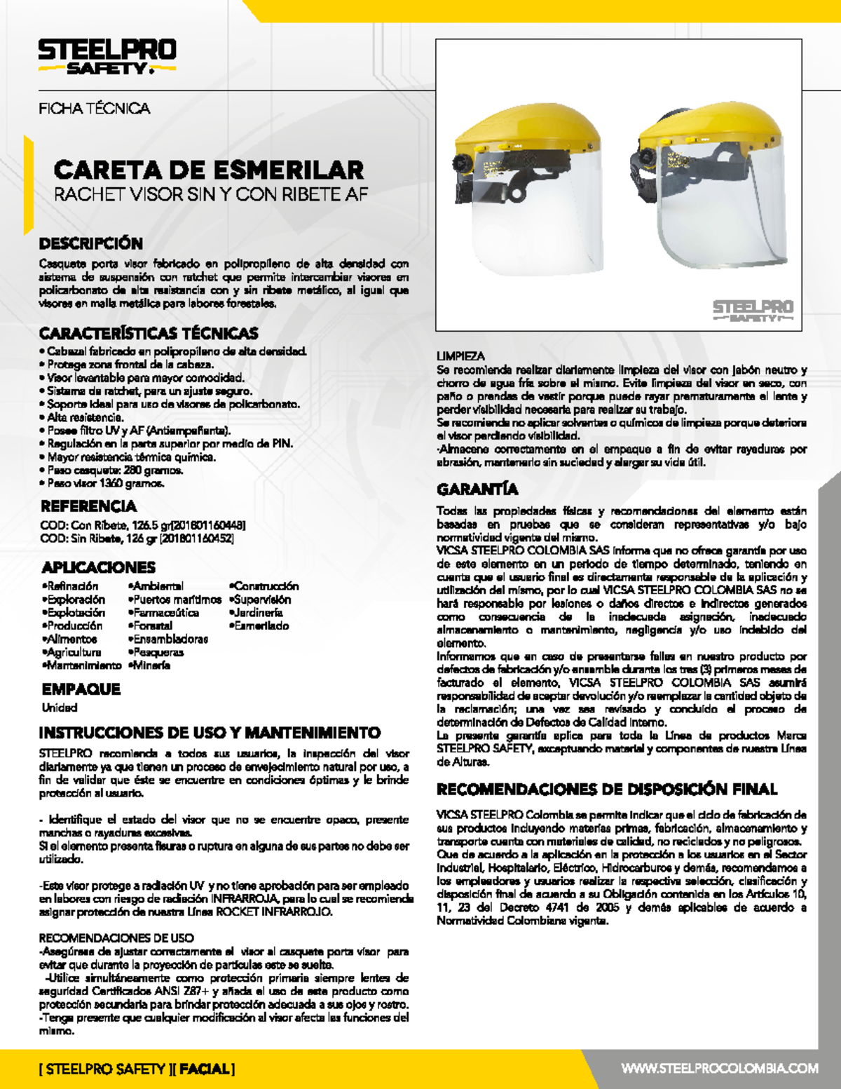 Careta Esmerilar Steelpro - STEELPRO SAFETY FICHA TÉCNICA CARETA DE ESMERILAR RACHET VISOR SIN Y ...