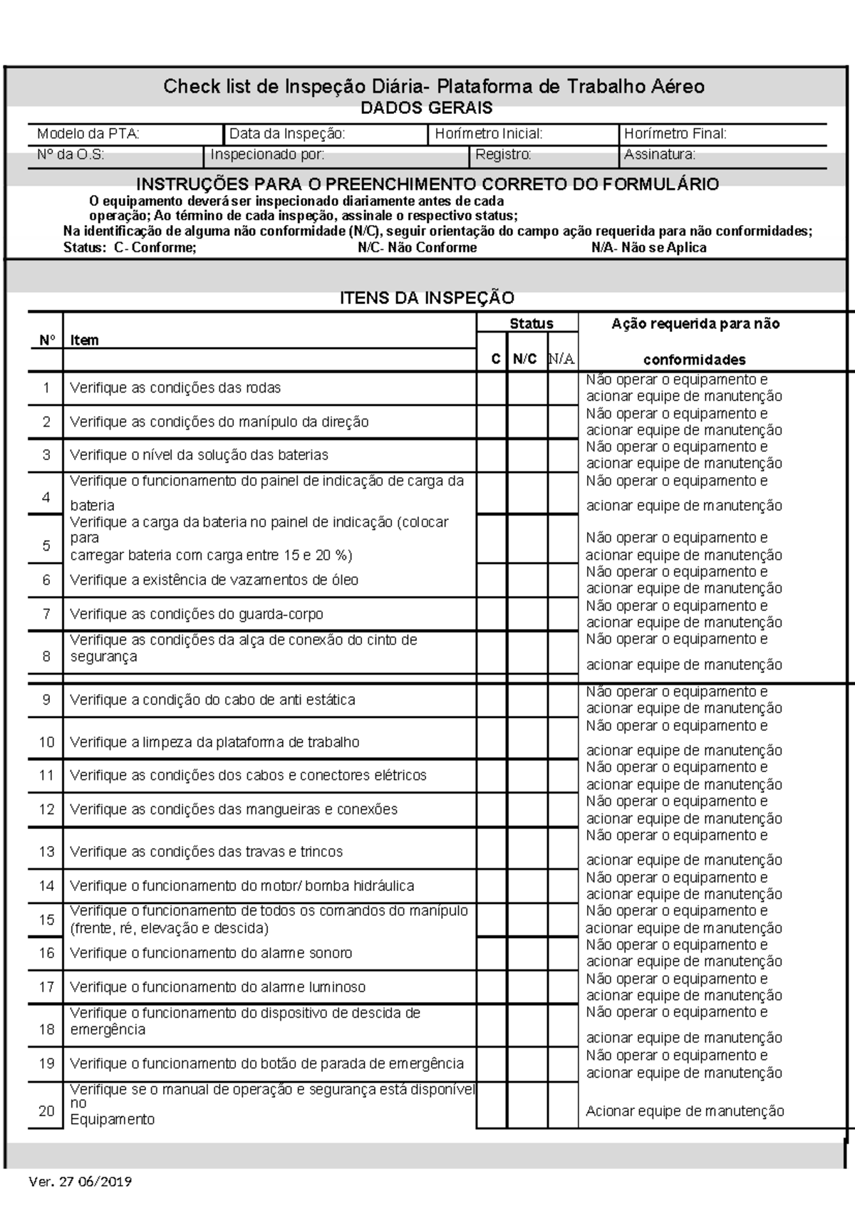 Checklist de Inspeção - Plataforma de Trabalho Aéreo (PTA) 2025 - Studocu