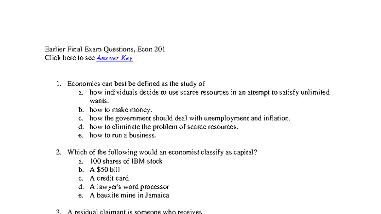Econ 201 Final Exam Questions & Answer Key - Studocu