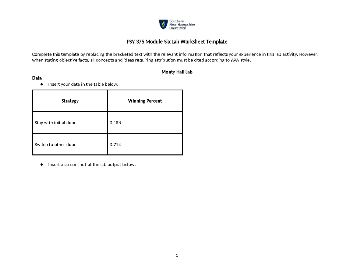 PSY 375 Module Six Lab Worksheet: Monty Hall & Wason Selection Tasks ...