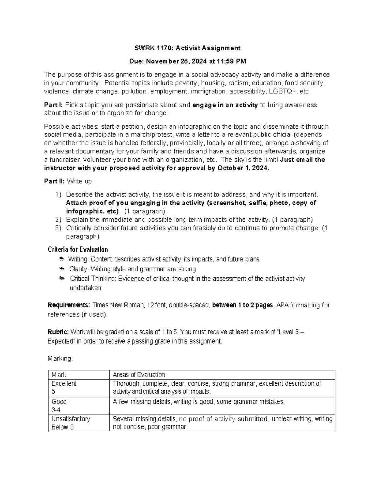 Activist Activity Assignment - SWRK 1170: Activist Assignment Due ...