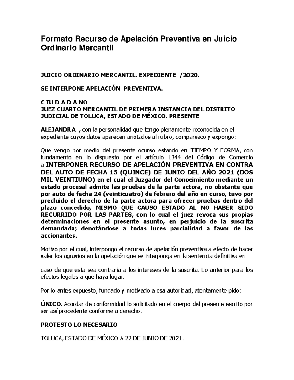 Formato y Presentación del Recurso de Apelación Preventiva en Juicio Ordinario Mercantil - Studocu