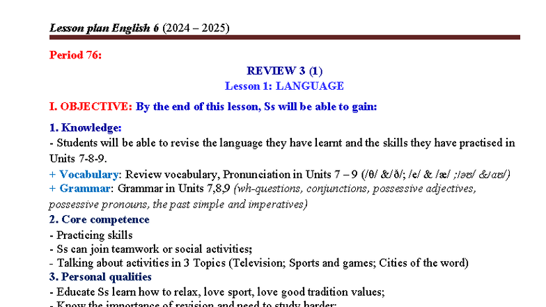 Lesson Plan for English 6 (2024-2025) - Review 3 (1 & 2) - Studocu