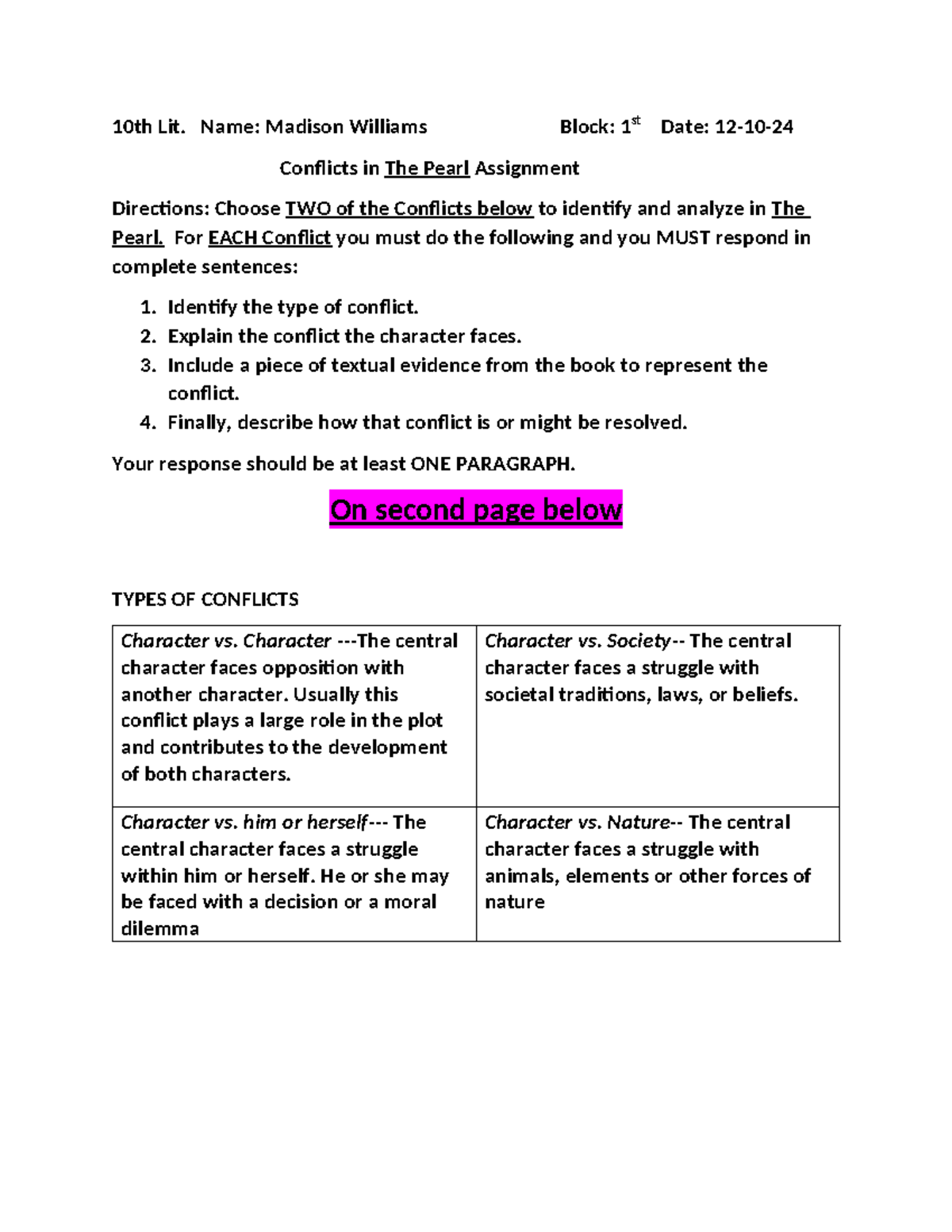 Conflicts Analysis in The Pearl - 10th Lit. Assignment 12-10 - Studocu