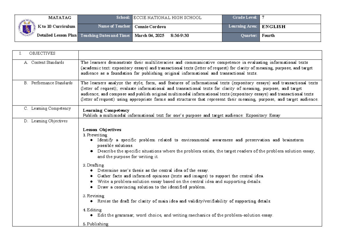 DLP: Writing Process for Grade 7 English (March 2025) - Studocu