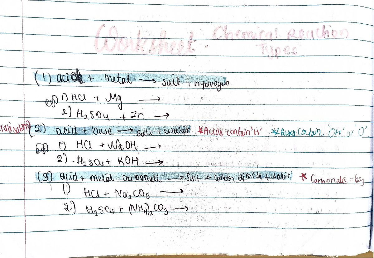 Worksheet - Types of Chemical Reactions (Chem 101) - Studocu