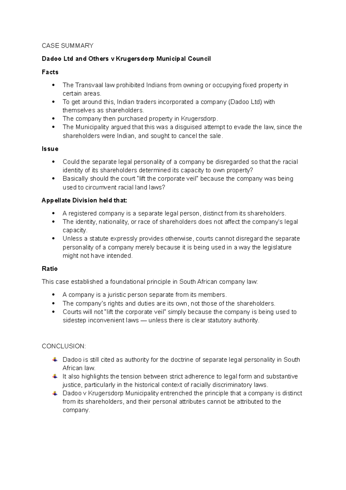 CASE SUMMARY: Dadoo Ltd v Krugersdorp Municipal Council - Studocu