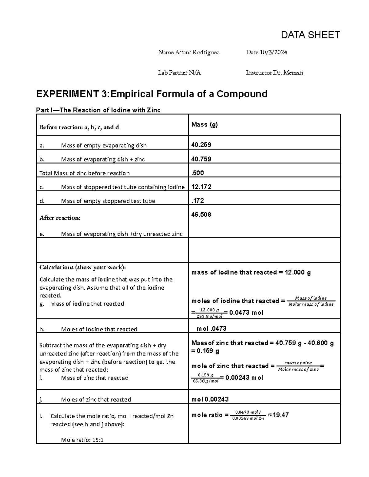 EXP3: Empirical Formula Determination Lab Notes - Studocu
