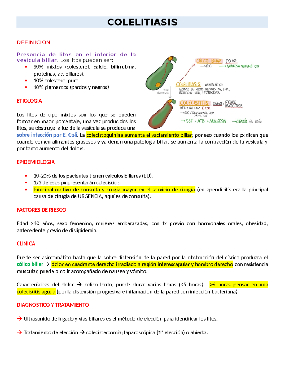 Resumen de Patología Biliar - COLELITIASIS y COLECISTITIS - Studocu