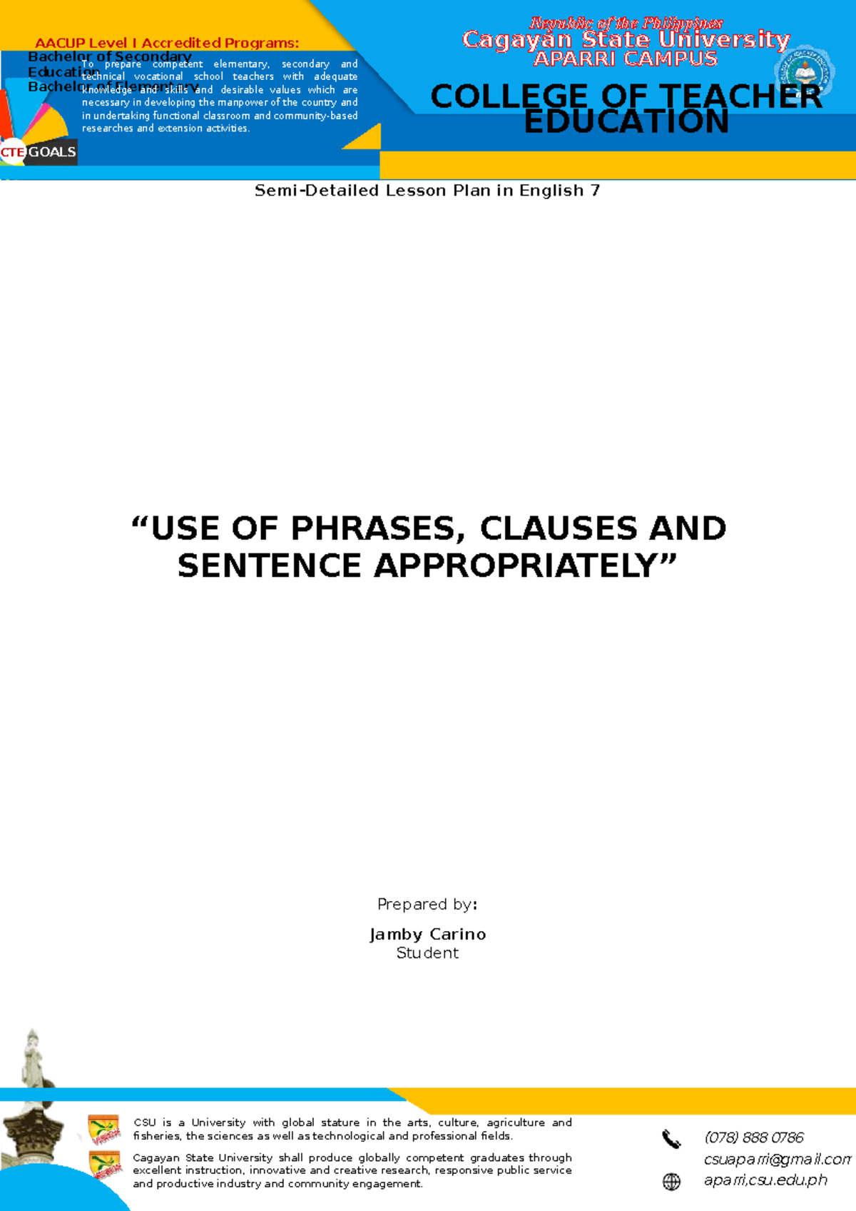 CTE 078 Lesson Plan: Understanding Phrases, Clauses & Sentences in ...