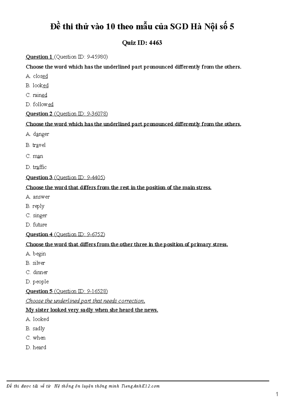Quiz 4463: Đề Thi Thử Vào 10 Theo Mẫu SGD Hà Nội Số 5 - Studocu