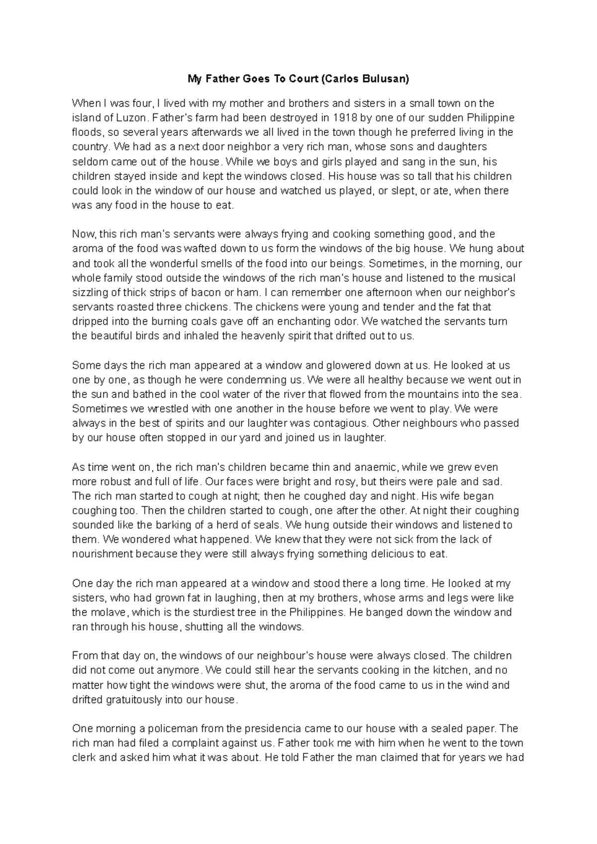 Final Exam Notes on "My Father Goes to Court" by Carlos Bulosan - Studocu