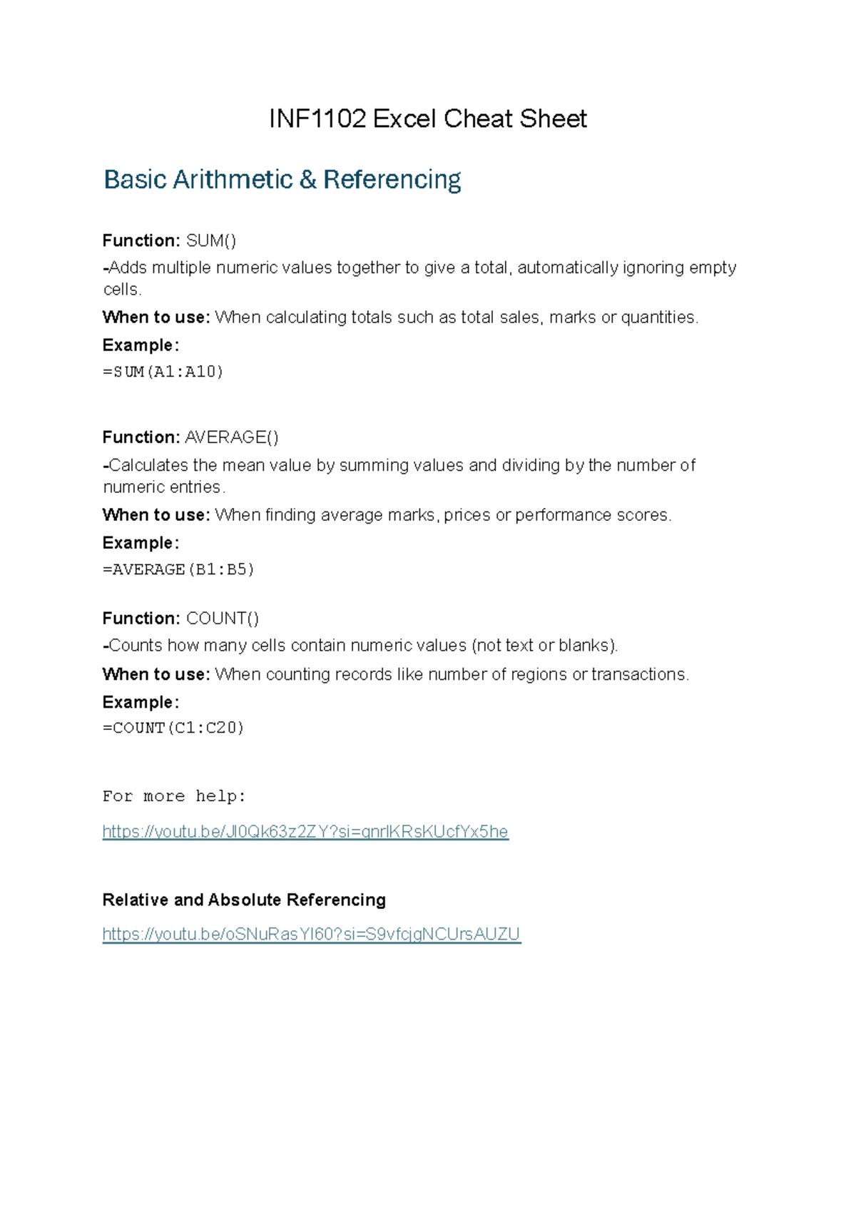 INF1102 Excel Cheat Sheet: Key Functions & Usage Guide - Studocu