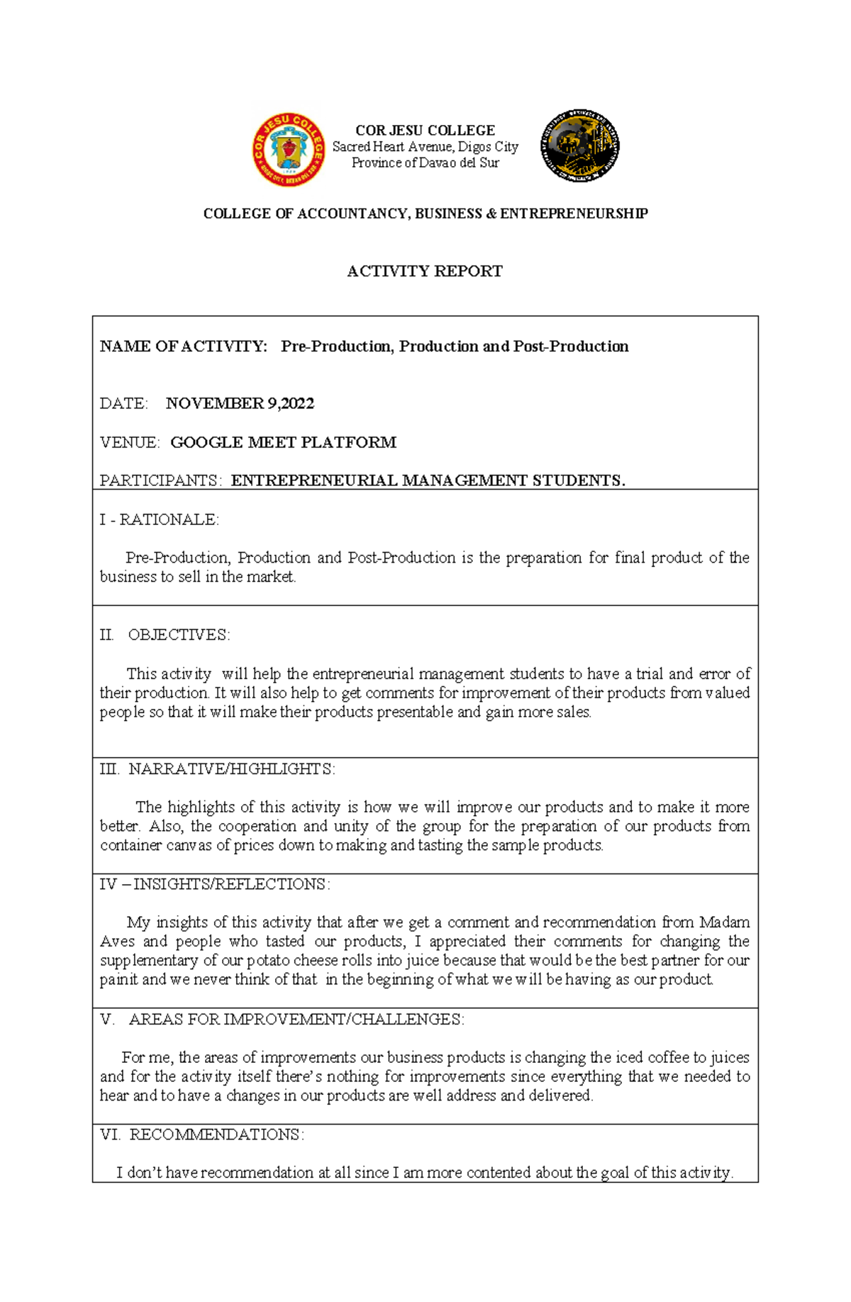 Estampa- Activity Report - COR JESU COLLEGE Sacred Heart Avenue, Digos ...