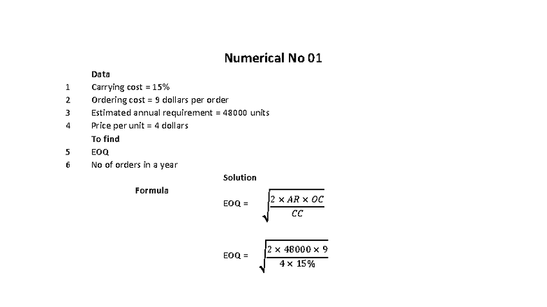 Accounting Numericals: EOQ Calculation and Order Analysis - Studocu