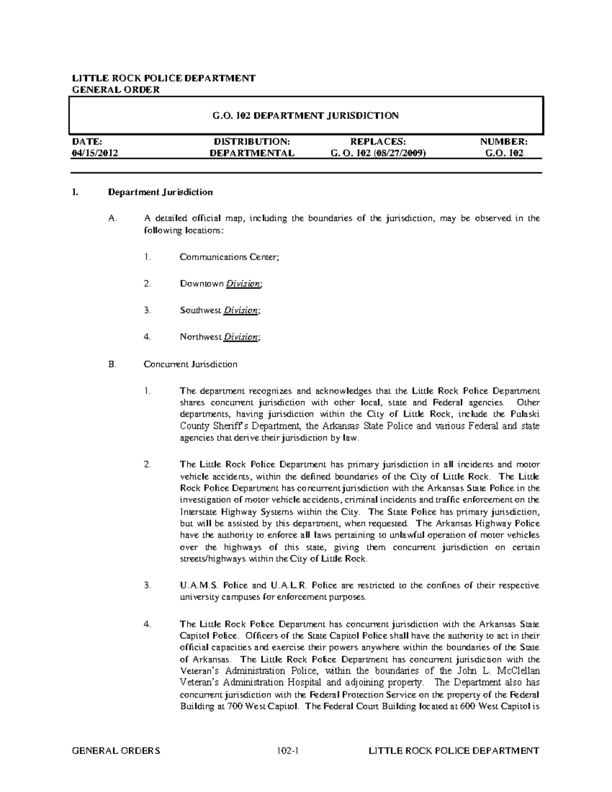 G.O. 102: Jurisdiction Guidelines for Little Rock Police Department ...