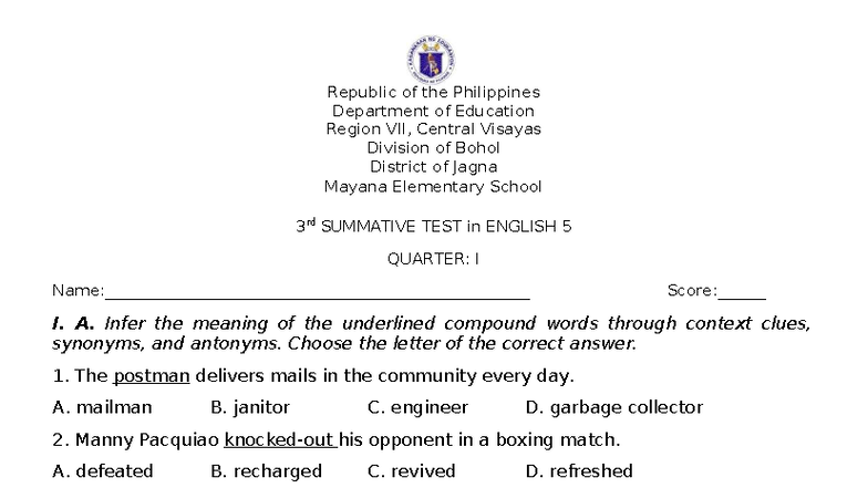 3rd Summative Test in English 5 - Context Clues and Verbs - Studocu