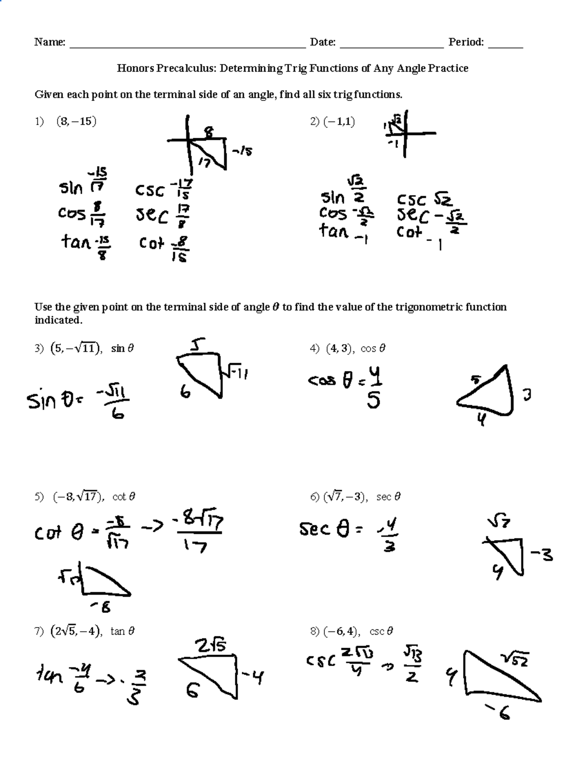 Trig Functions of Angles: Practice Problems for Precalc Pav8 - Studocu