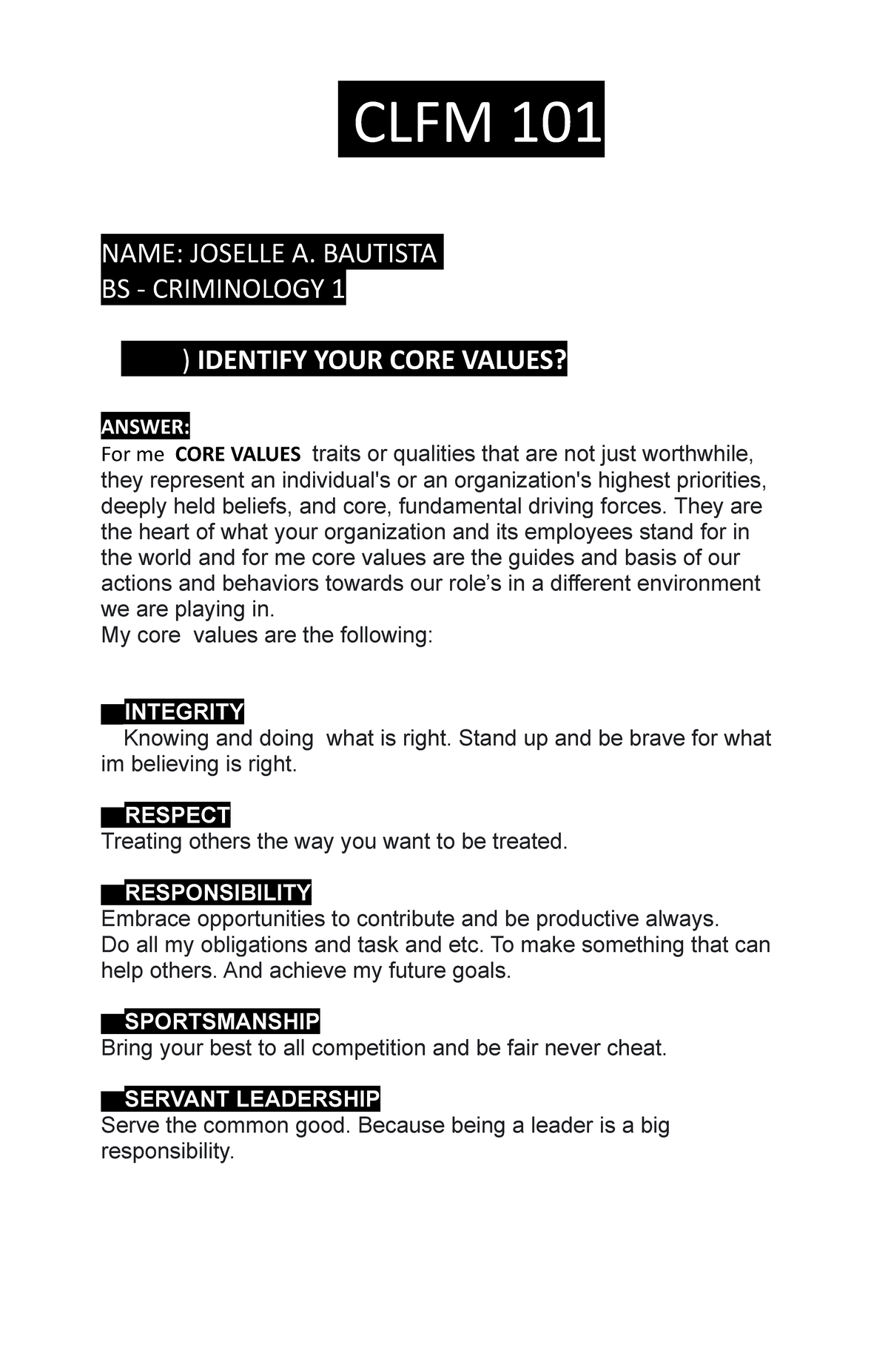 CLFM 101 CORE Values - CLFM 101 NAME: JOSELLE A. BAUTISTA BS ...