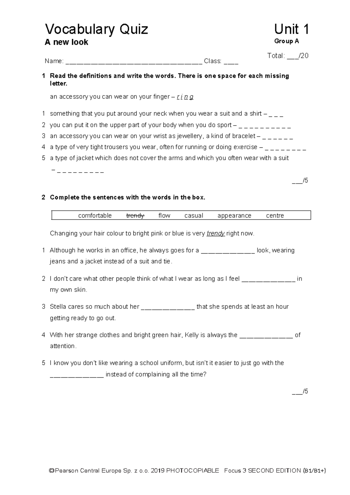 Focus 3 2E Vocabulary Quiz Unit 1 Group A - Studocu