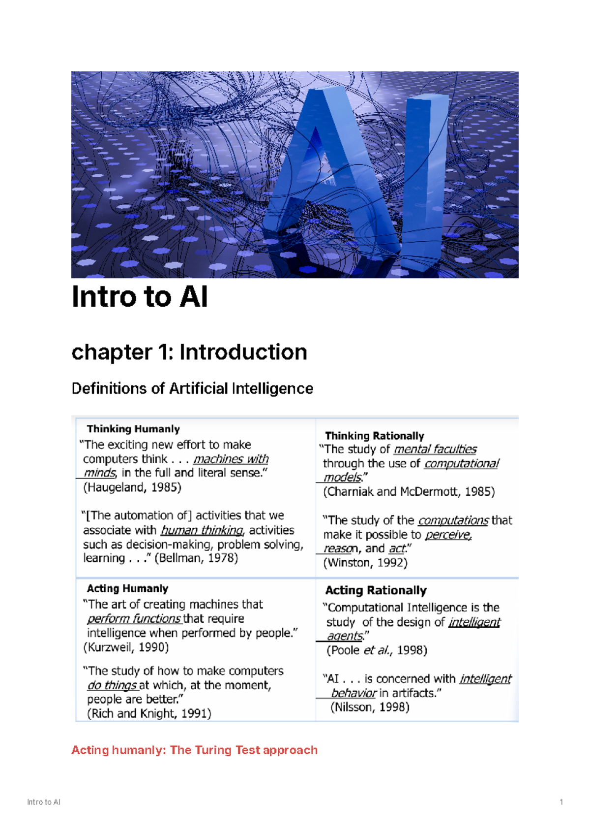 Intro to AI 1 - Lecture notes - Intro to AI chapter 1: Introduction ...