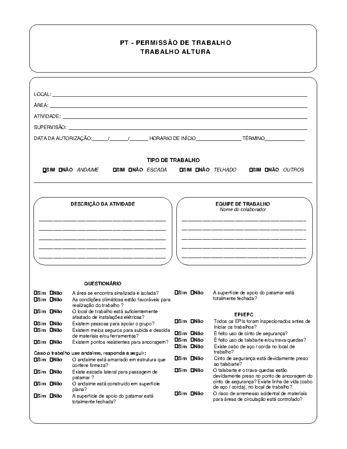 Modelo DE PT - PT - PERMISSÃO DE TRABALHO TRABALHO ALTURA LOCAL: - Studocu