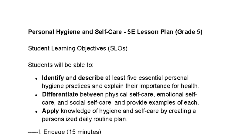 Personal Hygieneand Self Care 5ELesson Plan 5th Grade Editable-1 ...