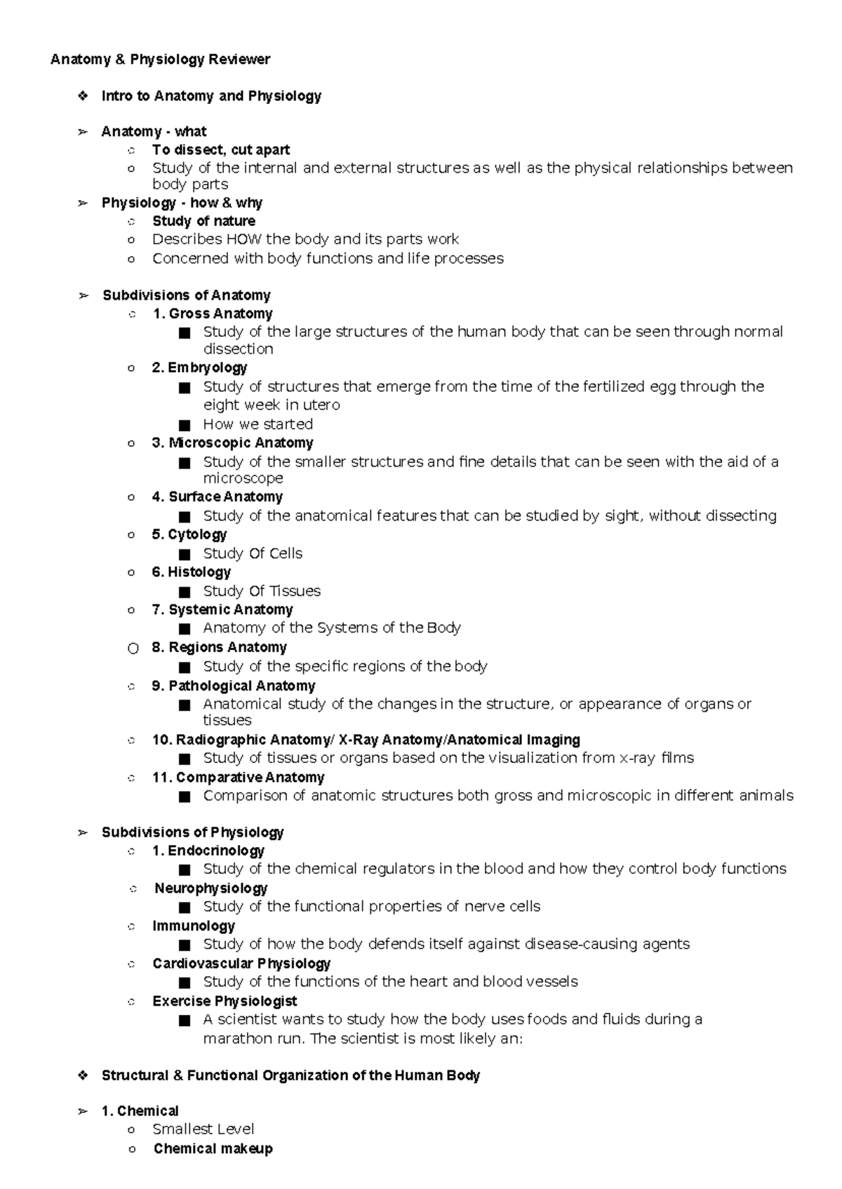 Anatomy & Physiology Study Guide: Key Concepts & Subdivisions - Studocu