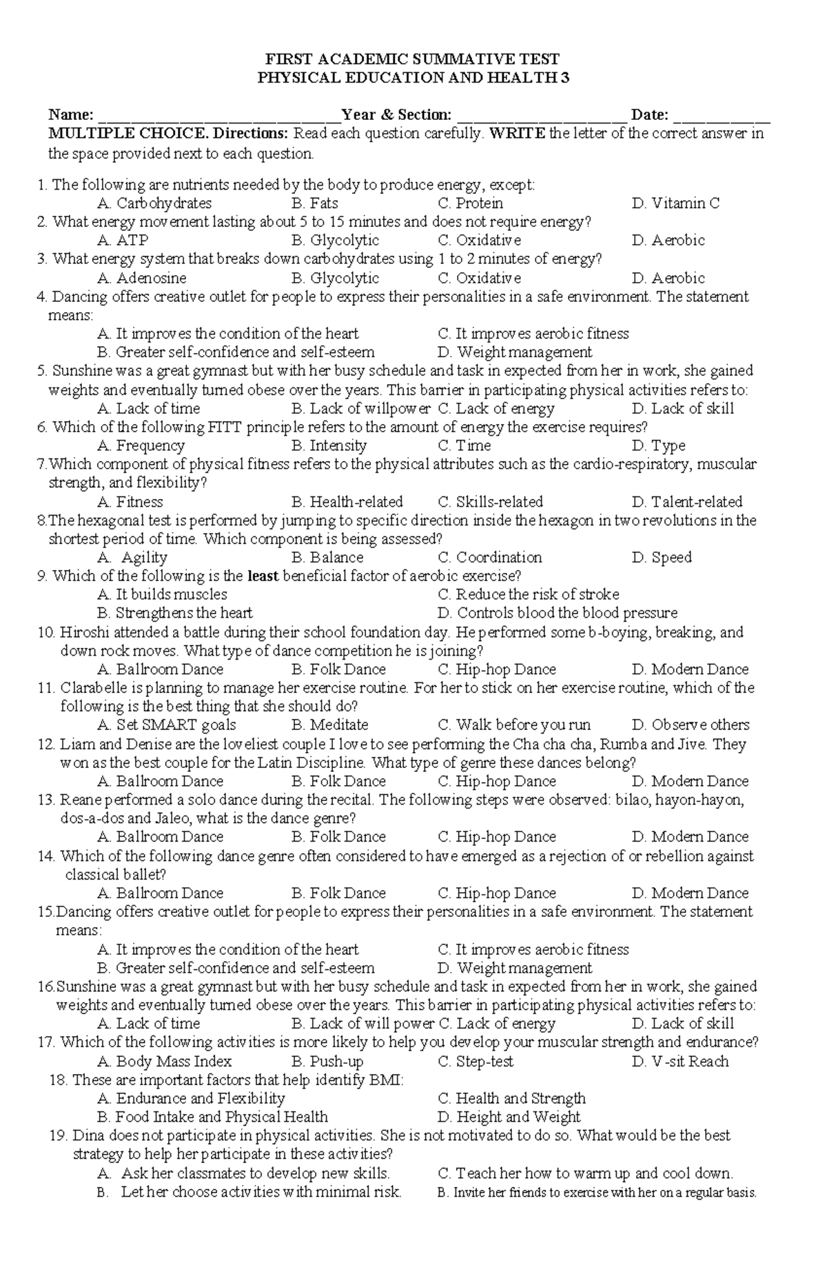 PEH 3 Summative Test: Physical Education & Health Exam Questions - Studocu
