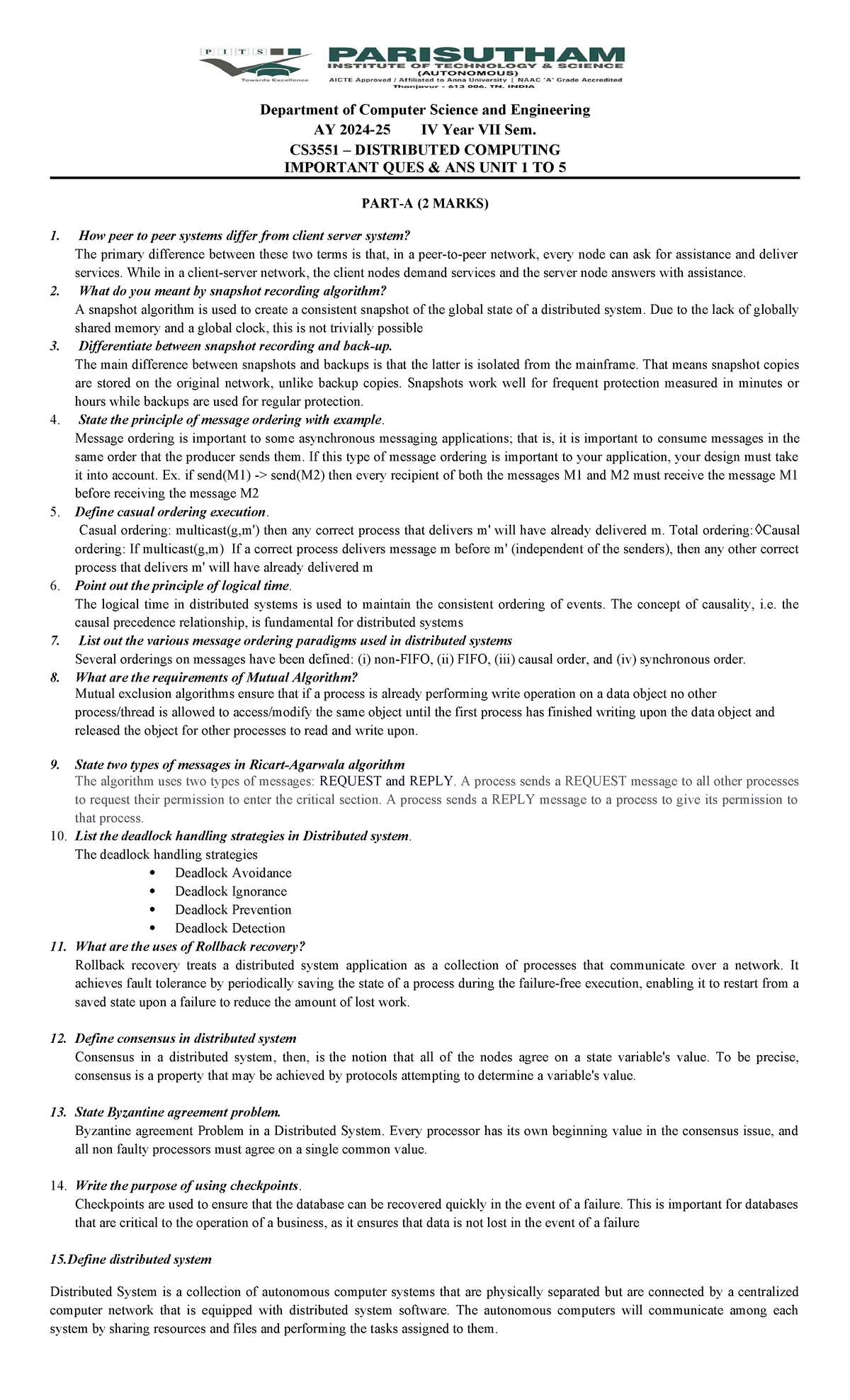 Important Ques & Ans for CS3551: Distributed Computing Units 1-5 - Studocu