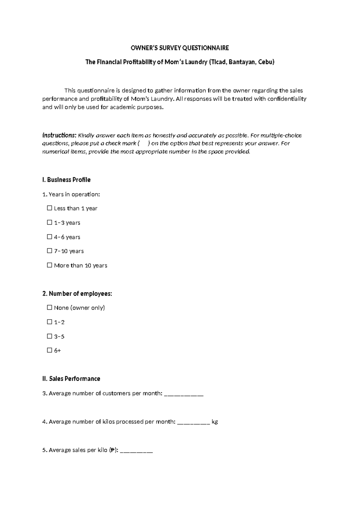 Owner Survey Questionnaire on Financial Profitability of Laundry (Ticad ...