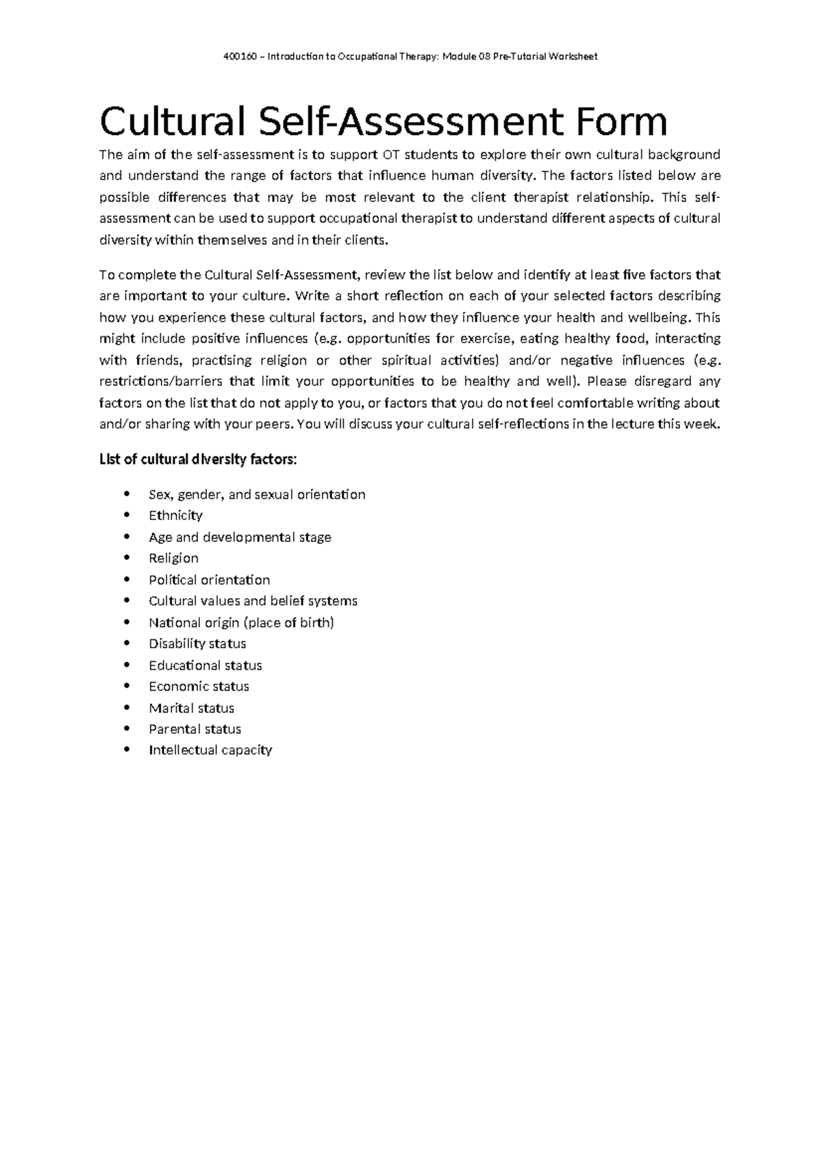 400160 Introduction to Occupational Therapy: Module 08 Cultural Self ...