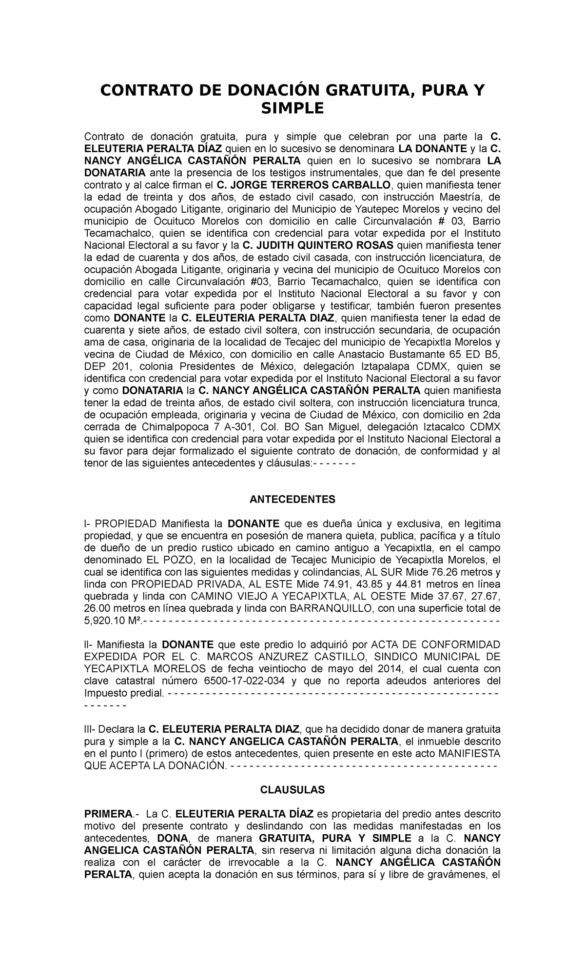 Contrato de Donación Gratuita entre ELEUTERIA PERALTA y NANCY CASTAÑÓN ...