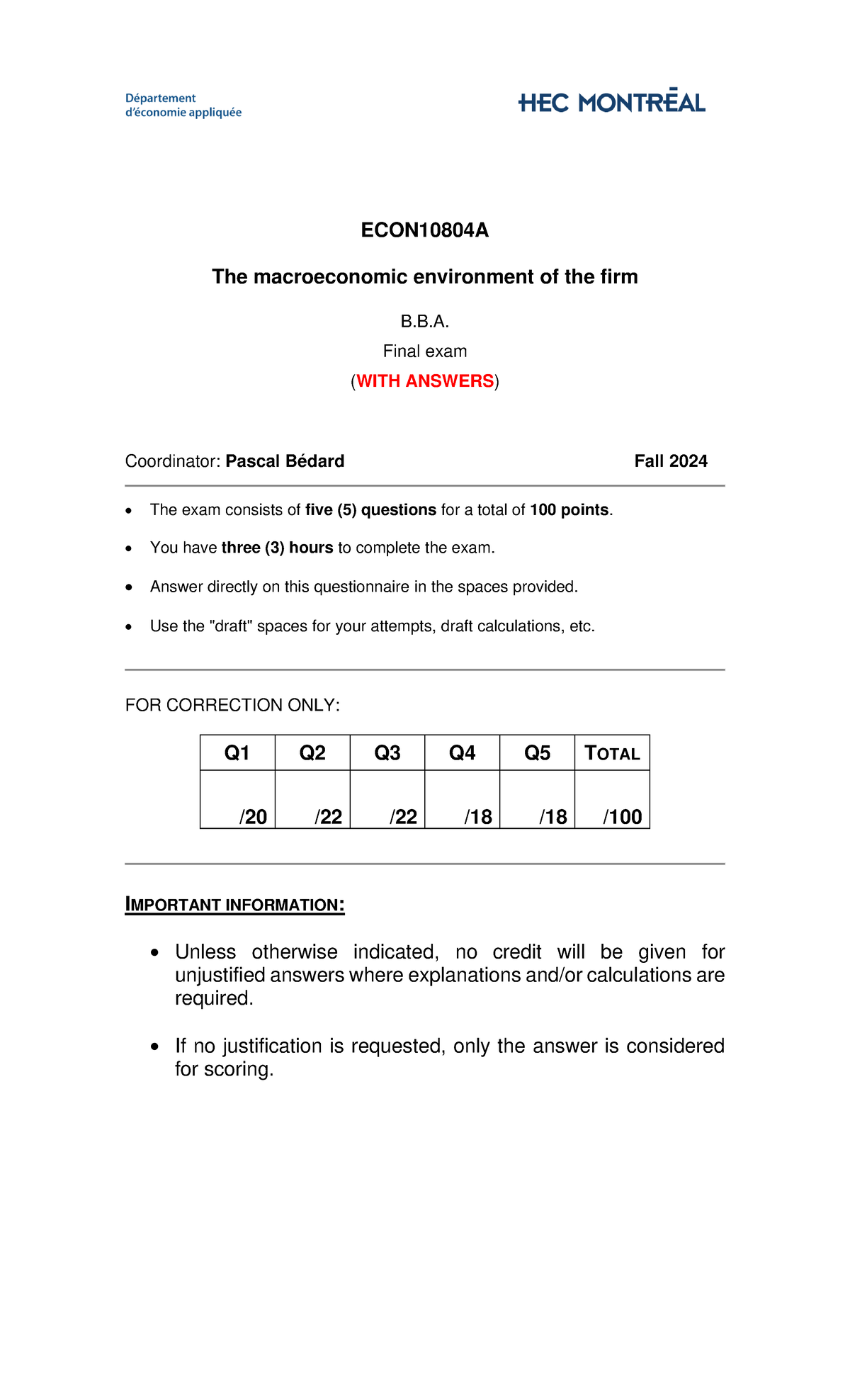 ECON10804A B.B.A. Final Exam Study Guide with Answers - Fall 2024 - Studocu
